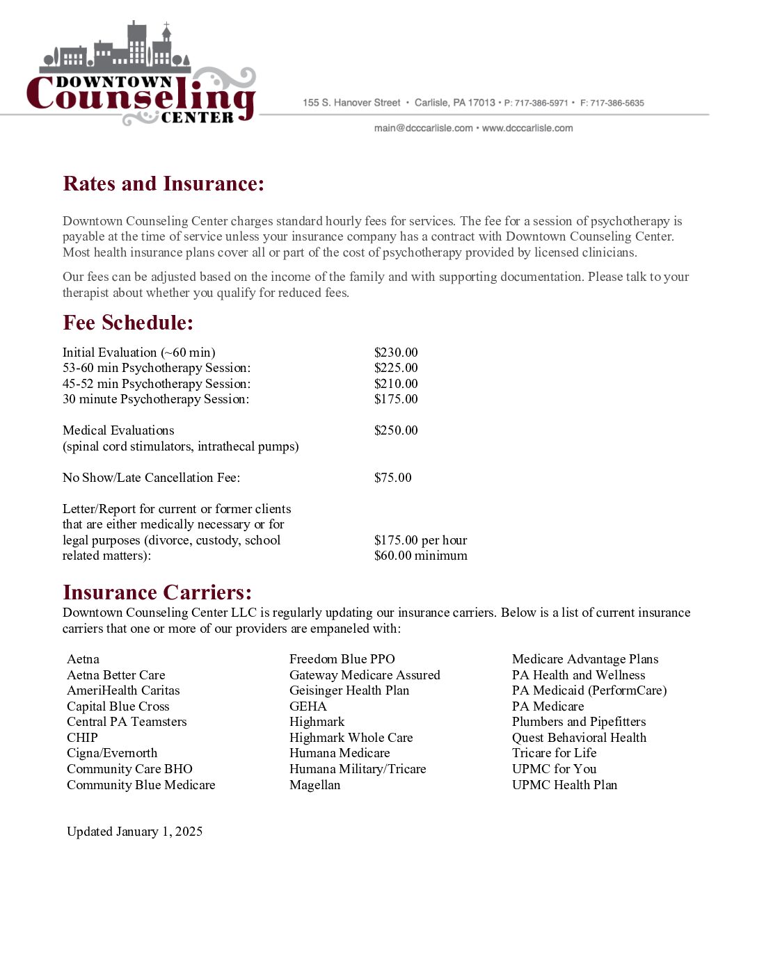 2025 DCC Rate and Insurance Schedule
